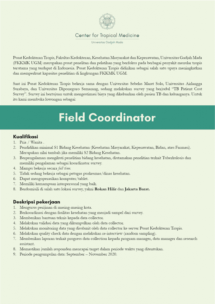 Lowongan Pekerjaan: Field Coordinator (15 September 2020) – TROPMED UGM